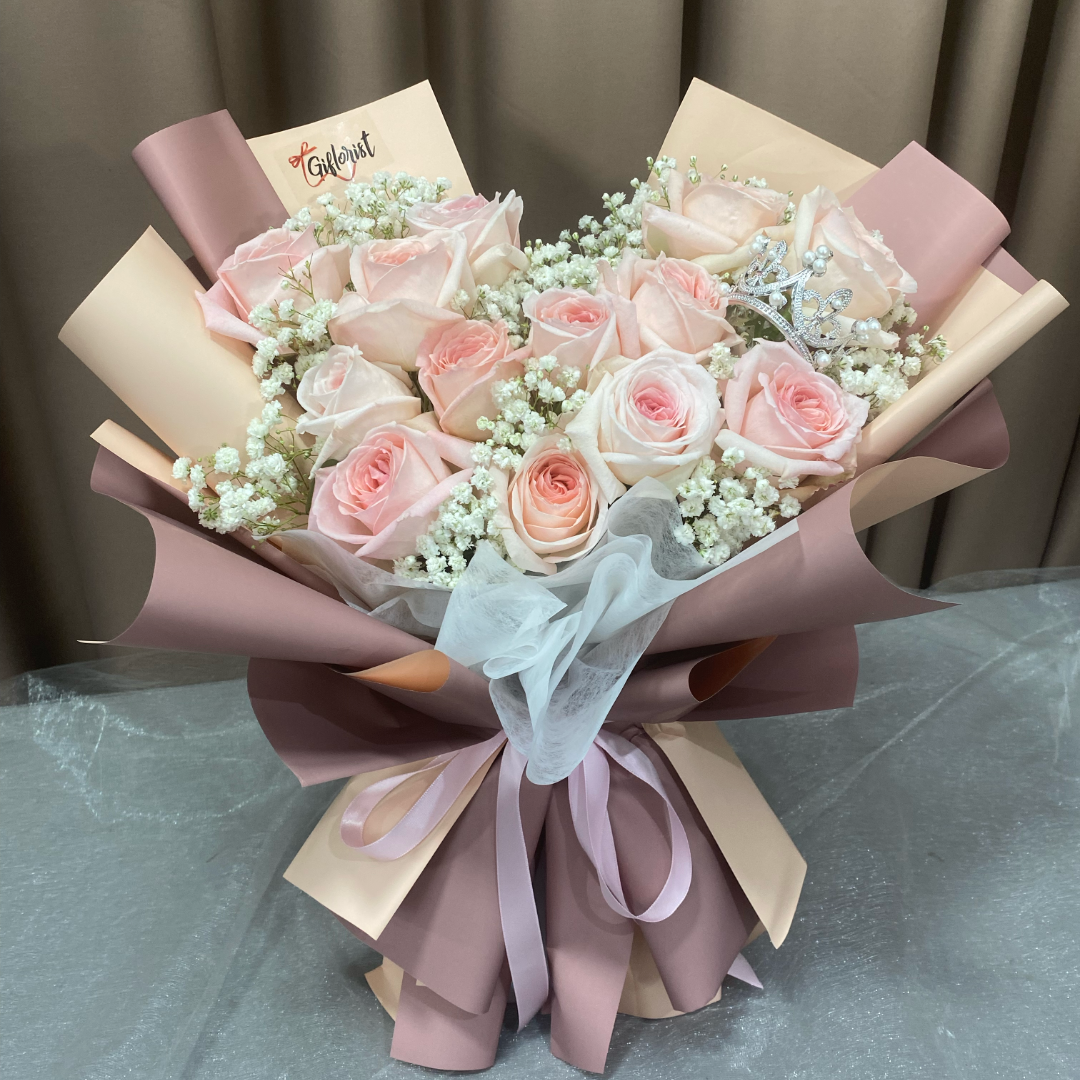 Pink Rose Bouquet - 13 Stalks with Baby's Breath Valentine's