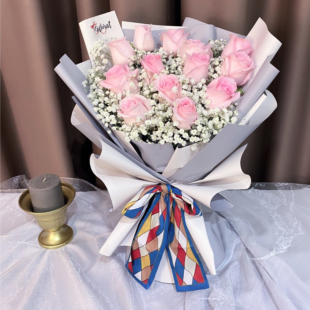 Fearless Pink Rose Bouquet - 13 Stalks with Baby Breath 50cm