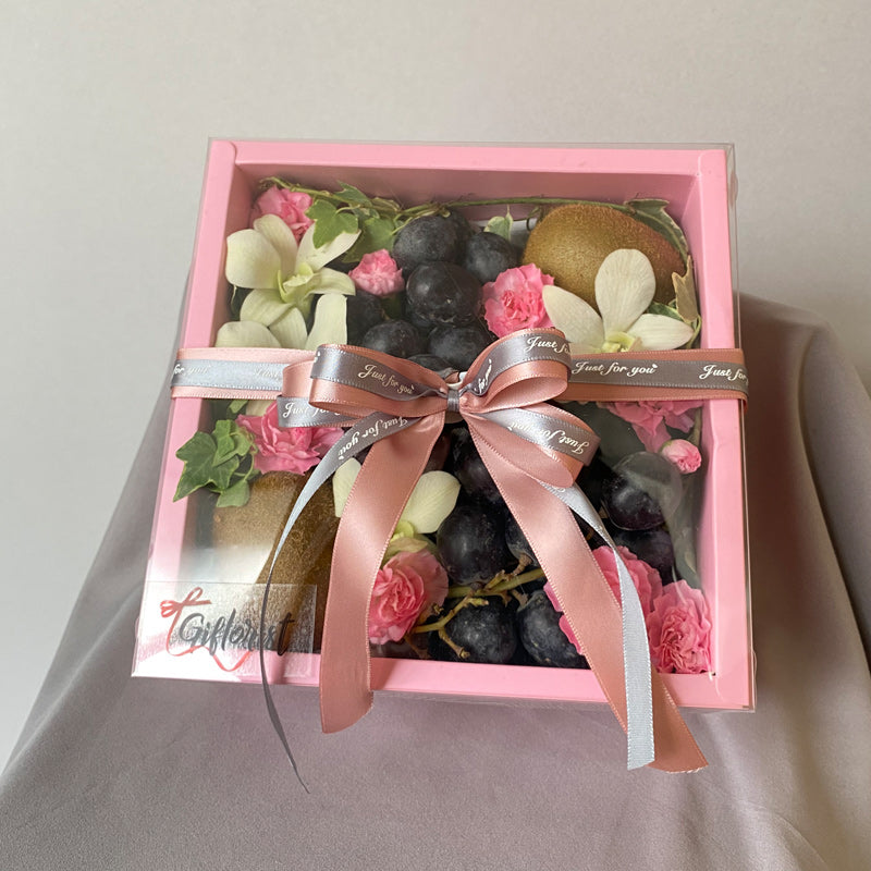 Premium Fruit Gift Box - Pink with Fresh Flowers & Imported Fruits