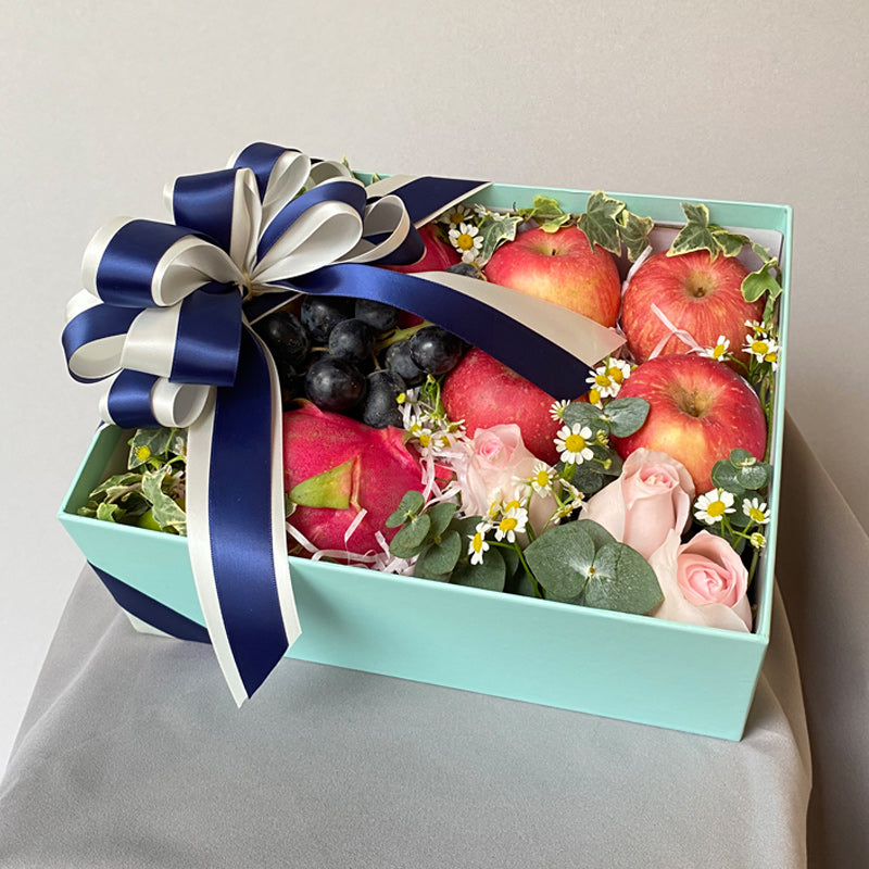 Premium Fruit Gift Box - Tiffany Blue with Fresh Flowers