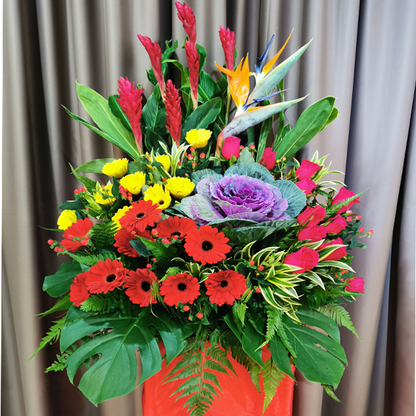 Grand Opening Flower Stand - Bird of Paradise & Red Roses Display