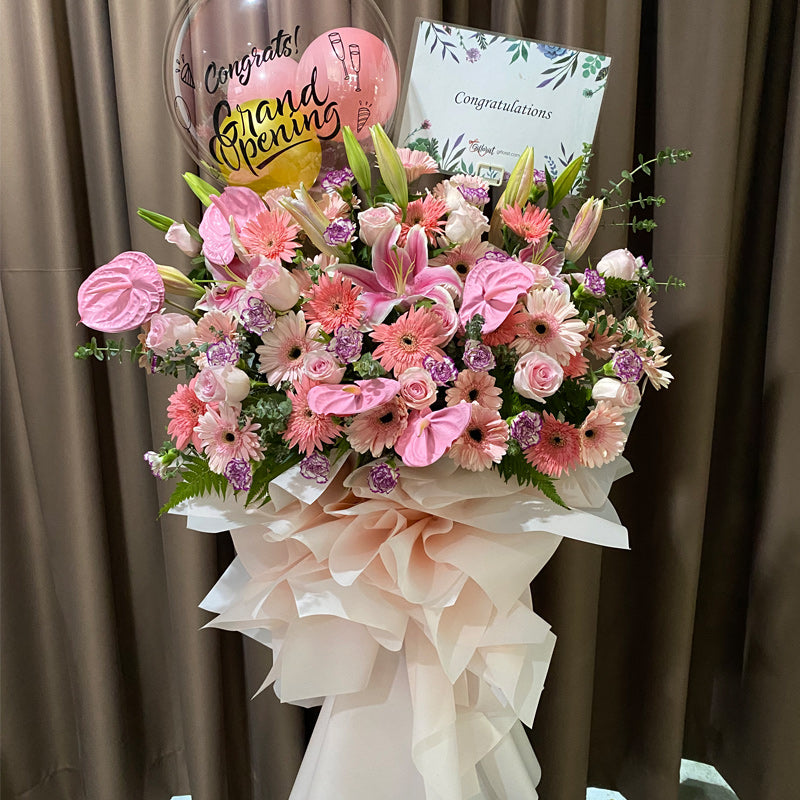 Pink Opening Stand with Balloons - Business Grand Opening Flowers